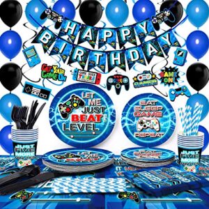 tmcce blue video game party supplies gaming party decoration for paper plates,cups,napkins, straws,hanging swirls,balloons and happy birthday banner for gamer birthday party decoration(no tablecloth)