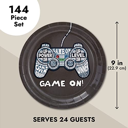 144 Piece Video Game Birthday Party Supplies, Serves 24 Guests, Disposable Dinnerware Set, Video Gamer Plates, Napkins, Cups, Cutlery, for Boys Gaming Party Decorations