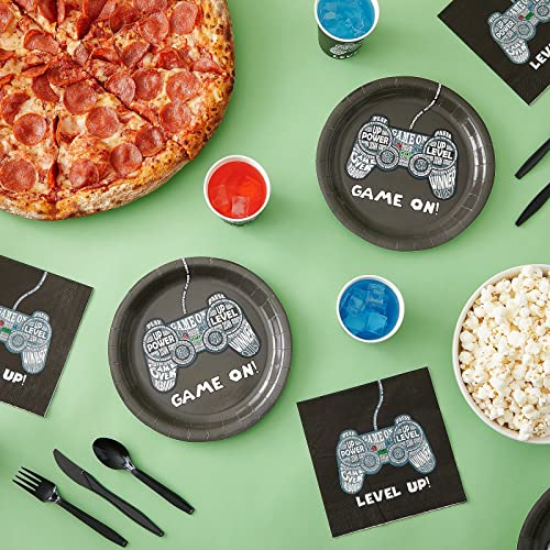 144 Piece Video Game Birthday Party Supplies, Serves 24 Guests, Disposable Dinnerware Set, Video Gamer Plates, Napkins, Cups, Cutlery, for Boys Gaming Party Decorations