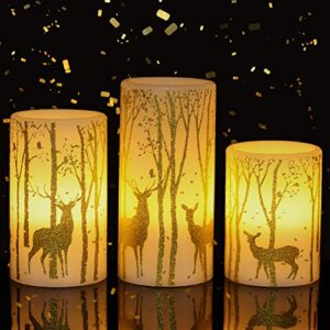 genswin flickering flameless candles battery operated with 6 hours timer, real wax led pillar candles deer decal warm light, pack of 3 christmas home decor