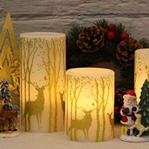 GenSwin Flickering Flameless Candles Battery Operated with 6 Hours Timer, Real Wax Led Pillar Candles Deer Decal Warm Light, Pack of 3 Christmas Home Decor