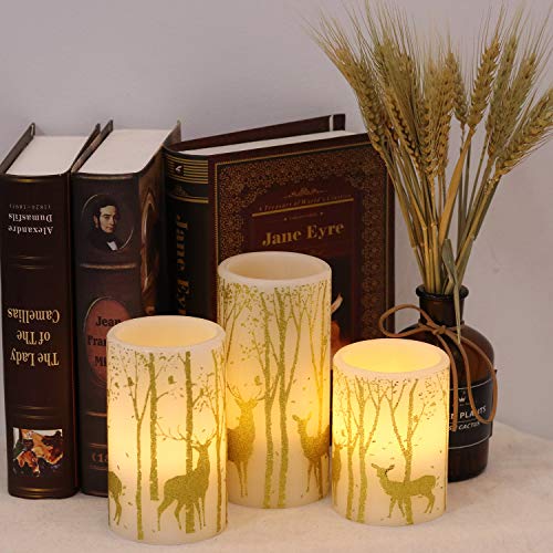 GenSwin Flickering Flameless Candles Battery Operated with 6 Hours Timer, Real Wax Led Pillar Candles Deer Decal Warm Light, Pack of 3 Christmas Home Decor