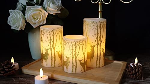 GenSwin Flickering Flameless Candles Battery Operated with 6 Hours Timer, Real Wax Led Pillar Candles Deer Decal Warm Light, Pack of 3 Christmas Home Decor