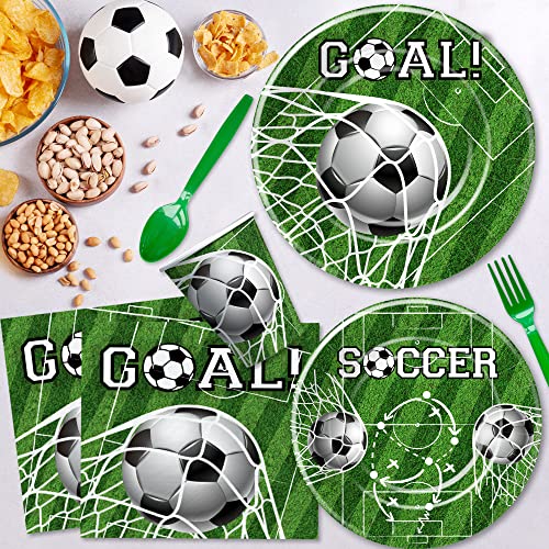 APOWBLS Soccer Birthday Party Supplies - Soccer Party Decorations Dinnerware, Plates, Cups, Napkins, Tablecloth, Cutlery, Straw, Sports Theme Soccer Birthday Party Decorations Tableware | Serve 24