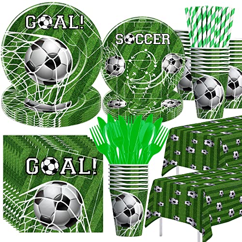 APOWBLS Soccer Birthday Party Supplies - Soccer Party Decorations Dinnerware, Plates, Cups, Napkins, Tablecloth, Cutlery, Straw, Sports Theme Soccer Birthday Party Decorations Tableware | Serve 24