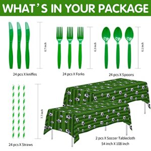 APOWBLS Soccer Birthday Party Supplies - Soccer Party Decorations Dinnerware, Plates, Cups, Napkins, Tablecloth, Cutlery, Straw, Sports Theme Soccer Birthday Party Decorations Tableware | Serve 24