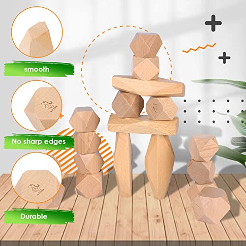 OATHX Montessori Toys Stacking Rocks Wooden Blocks Building Preschool Balancing Stones for Toddlers 1-3 Girls Boys Sensory Natural Wood 20pcs Large Size