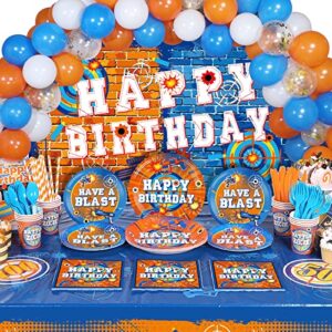 dart battle birthday party decorations dart battle party supplies include gun theme backdrop,dart tablecloth balloons kit cups plates napkins tableware set for kids birthday party supplies party favor