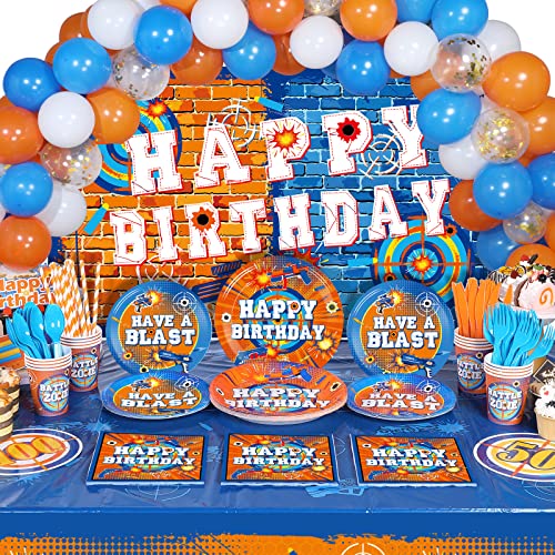 Dart Battle Birthday Party Decorations dart battle Party Supplies Include Gun Theme Backdrop,Dart Tablecloth Balloons Kit Cups Plates Napkins Tableware Set for Kids Birthday Party Supplies Party Favor