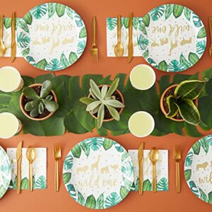 144 Piece Wild One Party Supplies for First Birthday Decorations for Boys and Girls, Jungle Safari Theme Dinnerware with Paper Plates, Napkins, Cups, and Cutlery (Serves 24)