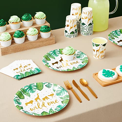 144 Piece Wild One Party Supplies for First Birthday Decorations for Boys and Girls, Jungle Safari Theme Dinnerware with Paper Plates, Napkins, Cups, and Cutlery (Serves 24)