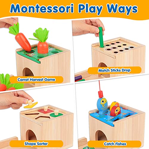 Montessori Toys for 1 2 3 Year Old, 5 in 1 Wooden Montessori Toys for Babies 6-12 Months, Toddler Toys Kit Includes Object Permanence Box with Ball Drop Toy, Shape Sorter & Other Educational Toys