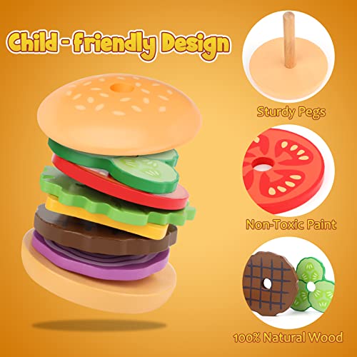 Aizweb Montessori Toys for 3 Year Old - Wooden Burger Stacking Toys for Toddlers and Kids Preschool, Educational Toys, Fine Motor Skill Toy, Blocks for Toddlers, Learning Toys Gift