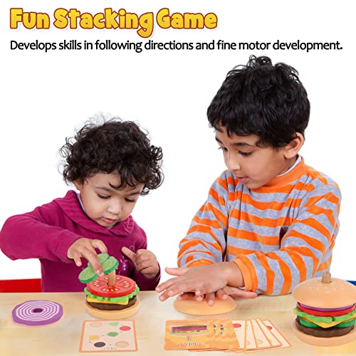 Aizweb Montessori Toys for 3 Year Old - Wooden Burger Stacking Toys for Toddlers and Kids Preschool, Educational Toys, Fine Motor Skill Toy, Blocks for Toddlers, Learning Toys Gift