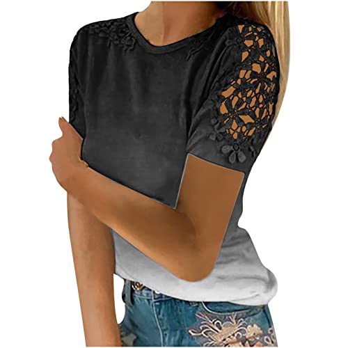 Womens Summer Casual Cold Shoulder T Shirts Elegant Lace Crochet Hollow Out Short Sleeve Tops Solid/Colorblock Loose Blouse