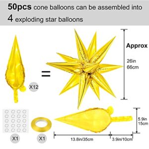 MIAHART 50 Pcs Gold Starburst Cone Mylar Balloons 26 inch Gold Foil Star Balloons Metallic Large Gold Point Star Balloons for Birthday Wedding Christmas Baby Shower Party Supplies