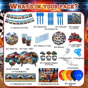 239Pcs Truck Game Themed Birthday Party Supplies, Cartoon Truck Birthday Party Decorations for Kids Boys Girls with Happy Birthday Banner Balloons Tableware Backdrop Cake Cupcake Toppers Tableware Tablecloth