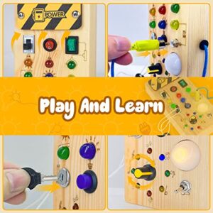 Montessori Toddler Busy Board, Baby Wooden Busy Board with 8 LED Light switches, Sensory Toys Light Switch Toys Travel Toys for 1+ Year Old Baby and Toddler