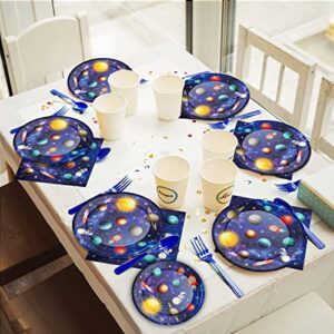 Tevxj 96 Pieces Outer Space Party Decorations Supplies Galaxy Party Tableware Set Outer Space Birthday Party Dessert Plates Napkins Forks for 24 Guests Boy or Girl Party Favors