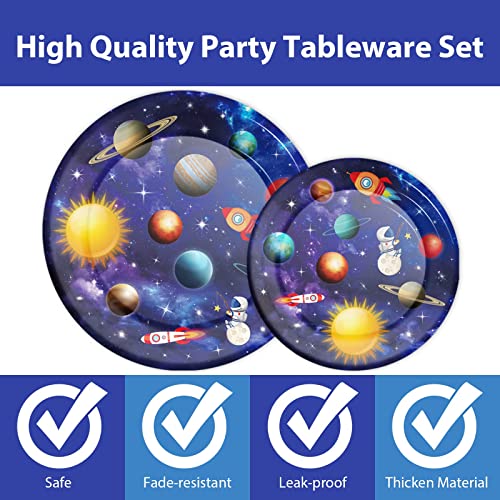 Tevxj 96 Pieces Outer Space Party Decorations Supplies Galaxy Party Tableware Set Outer Space Birthday Party Dessert Plates Napkins Forks for 24 Guests Boy or Girl Party Favors