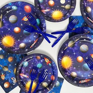 Tevxj 96 Pieces Outer Space Party Decorations Supplies Galaxy Party Tableware Set Outer Space Birthday Party Dessert Plates Napkins Forks for 24 Guests Boy or Girl Party Favors