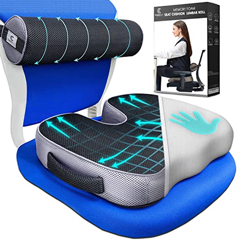 2pc Ergonomic Seat Cushion Lumbar Roll Combo for Chair - Pain and Pressure Relief for Lower Back, Sciatica, Coccyx, Butt, Tailbone - Memory Foam Posture Support Pillow for Office Desk, Car, Wheelchair