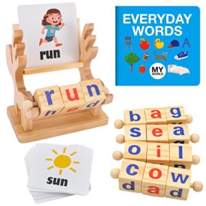 montessori toys for 3 4 5 years old wooden reading blocks cvc sight words game for toddlers letter flash cards for kindergarten kids learning educational alphabet phonics for preschool girls boys