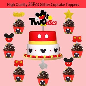 2nd Mouse Birthday Party Supplies Decorations 57Pcs - HAPPY BIRTHDAY Banner OH TWODLES Banner '2' Foil Balloon Balloons Hat Door Sign Cupcake Toppers Birthday Decorations for Boys Girls Kids Babies