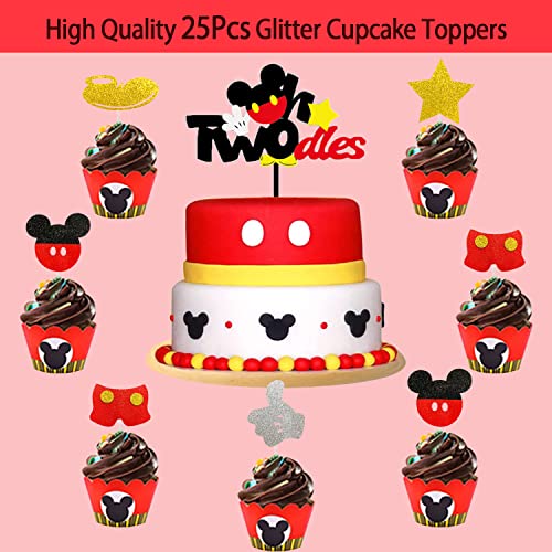 2nd Mouse Birthday Party Supplies Decorations 57Pcs - HAPPY BIRTHDAY Banner OH TWODLES Banner '2' Foil Balloon Balloons Hat Door Sign Cupcake Toppers Birthday Decorations for Boys Girls Kids Babies