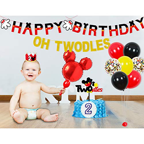 2nd Mouse Birthday Party Supplies Decorations 57Pcs - HAPPY BIRTHDAY Banner OH TWODLES Banner '2' Foil Balloon Balloons Hat Door Sign Cupcake Toppers Birthday Decorations for Boys Girls Kids Babies