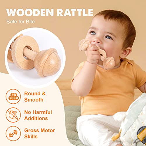 Tiny Land Montessori Toys for Babies 6-12 Months-4 in 1 Wooden Learning Educational Toy Set Includes Teething Toy, Rainmaker Baby Toy, Flash Card and Object Permanence Box-Gift for 1 Year Old Infant