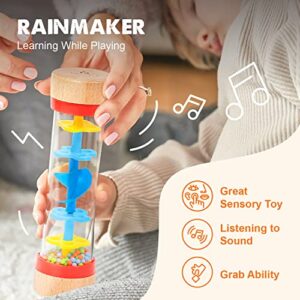 Tiny Land Montessori Toys for Babies 6-12 Months-4 in 1 Wooden Learning Educational Toy Set Includes Teething Toy, Rainmaker Baby Toy, Flash Card and Object Permanence Box-Gift for 1 Year Old Infant