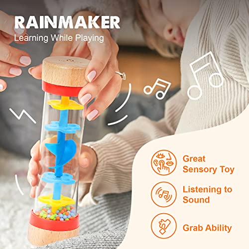 Tiny Land Montessori Toys for Babies 6-12 Months-4 in 1 Wooden Learning Educational Toy Set Includes Teething Toy, Rainmaker Baby Toy, Flash Card and Object Permanence Box-Gift for 1 Year Old Infant