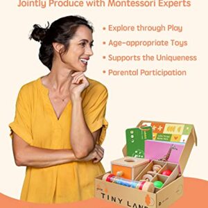 Tiny Land Montessori Toys for Babies 6-12 Months-4 in 1 Wooden Learning Educational Toy Set Includes Teething Toy, Rainmaker Baby Toy, Flash Card and Object Permanence Box-Gift for 1 Year Old Infant