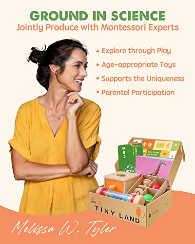 Tiny Land Montessori Toys for Babies 6-12 Months-4 in 1 Wooden Learning Educational Toy Set Includes Teething Toy, Rainmaker Baby Toy, Flash Card and Object Permanence Box-Gift for 1 Year Old Infant