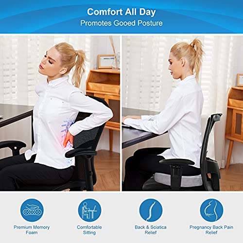 Bomdaia Coccyx Seat Cushion for Office Chair, Memory Foam Seat Cushion for Long Sitting, Non-Slip Desk Chair Car Seat Cushion for Back Pain, Sciatica Relief (Gray)