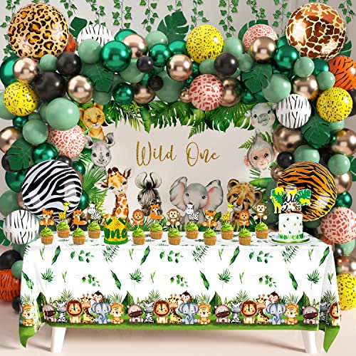 Wild One First Birthday Party Decorations for Boys Jungle Safari Theme Birthday Party Supplies 88 Pcs (Backdrop, Tablecloth, Cake Toppers, Hat, Foil Balloons, Balloons Garland Arch Kit) (Wild One)