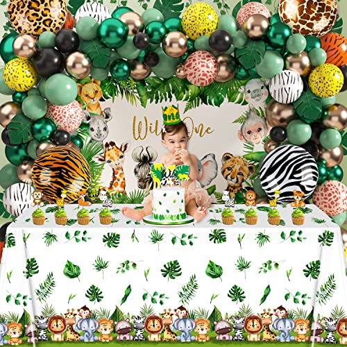 Wild One First Birthday Party Decorations for Boys Jungle Safari Theme Birthday Party Supplies 88 Pcs (Backdrop, Tablecloth, Cake Toppers, Hat, Foil Balloons, Balloons Garland Arch Kit) (Wild One)