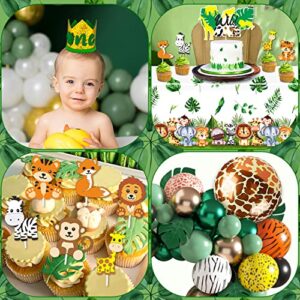 Wild One First Birthday Party Decorations for Boys Jungle Safari Theme Birthday Party Supplies 88 Pcs (Backdrop, Tablecloth, Cake Toppers, Hat, Foil Balloons, Balloons Garland Arch Kit) (Wild One)