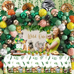 Wild One First Birthday Party Decorations for Boys Jungle Safari Theme Birthday Party Supplies 88 Pcs (Backdrop, Tablecloth, Cake Toppers, Hat, Foil Balloons, Balloons Garland Arch Kit) (Wild One)