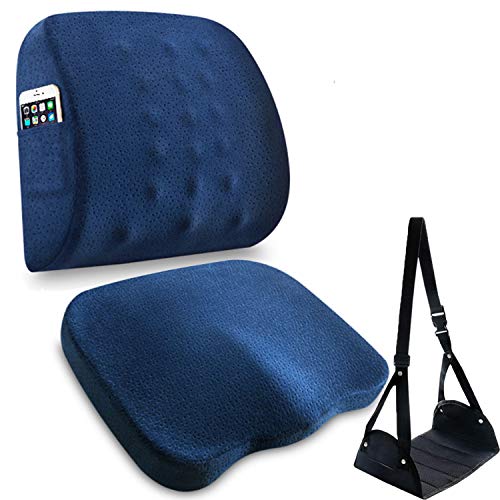 Memory Foam Seat Cushion & Back Cushions，Lumbar Support Pillow for Office Chair and Car ，Ergonomic Design for Coccyx Orthopedic，Relieves Back, Hip, Tailbone (Navy Blue)