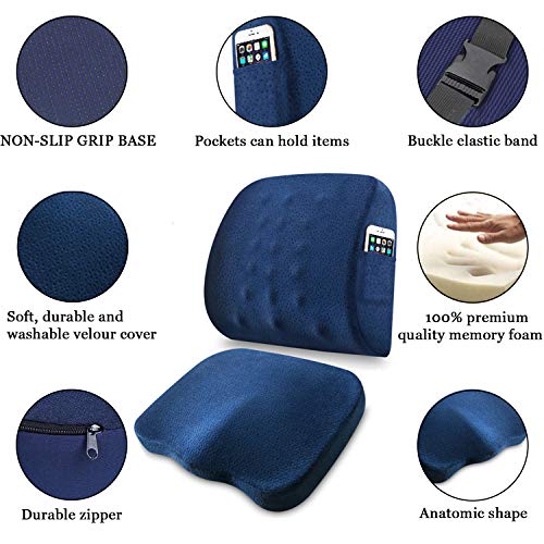 Memory Foam Seat Cushion & Back Cushions，Lumbar Support Pillow for Office Chair and Car ，Ergonomic Design for Coccyx Orthopedic，Relieves Back, Hip, Tailbone (Navy Blue)