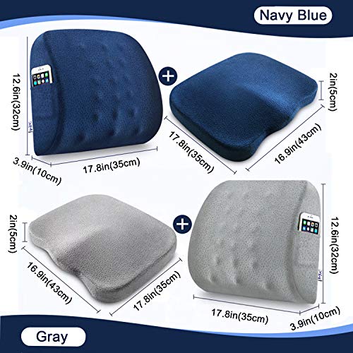 Memory Foam Seat Cushion & Back Cushions，Lumbar Support Pillow for Office Chair and Car ，Ergonomic Design for Coccyx Orthopedic，Relieves Back, Hip, Tailbone (Navy Blue)