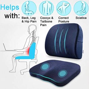 Memory Foam Seat Cushion & Back Cushions，Lumbar Support Pillow for Office Chair and Car ，Ergonomic Design for Coccyx Orthopedic，Relieves Back, Hip, Tailbone (Navy Blue)