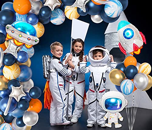 Ouddy Party 112PCS Outer Space Party Decorations Balloon Garland Kit, Space Birthday Party Supplies UFO Rocket Astronaut Navy Blue Silver Foil Latex Balloons for Boys Kids