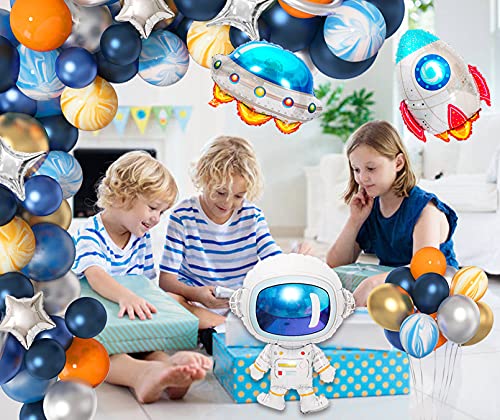 Ouddy Party 112PCS Outer Space Party Decorations Balloon Garland Kit, Space Birthday Party Supplies UFO Rocket Astronaut Navy Blue Silver Foil Latex Balloons for Boys Kids