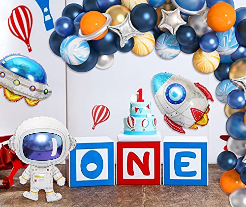 Ouddy Party 112PCS Outer Space Party Decorations Balloon Garland Kit, Space Birthday Party Supplies UFO Rocket Astronaut Navy Blue Silver Foil Latex Balloons for Boys Kids