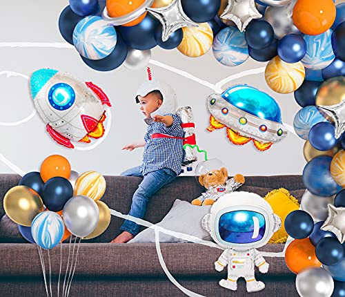 Ouddy Party 112PCS Outer Space Party Decorations Balloon Garland Kit, Space Birthday Party Supplies UFO Rocket Astronaut Navy Blue Silver Foil Latex Balloons for Boys Kids