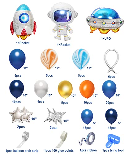 Ouddy Party 112PCS Outer Space Party Decorations Balloon Garland Kit, Space Birthday Party Supplies UFO Rocket Astronaut Navy Blue Silver Foil Latex Balloons for Boys Kids