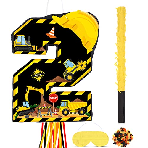 Small Number 2 Construction Pinata Pull String Dump Truck Two Pinata Tractor Excavator Pinata with Blindfold Stick Confetti for Boys Kids Construction Themed 2nd Birthday Decorations Party Supplies